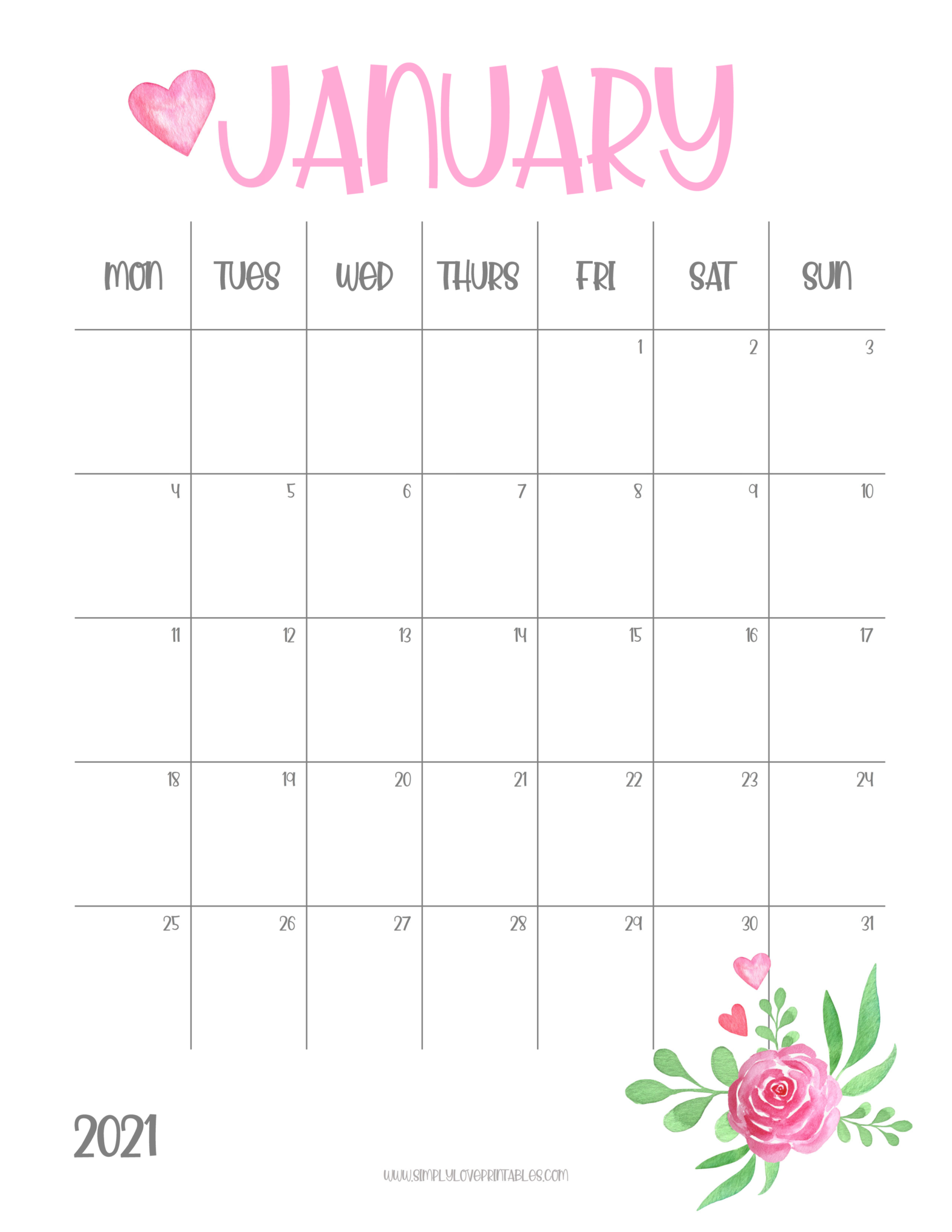 Free Printable 2021 Pink Floral Monthly Calendars - Simply Love Printables