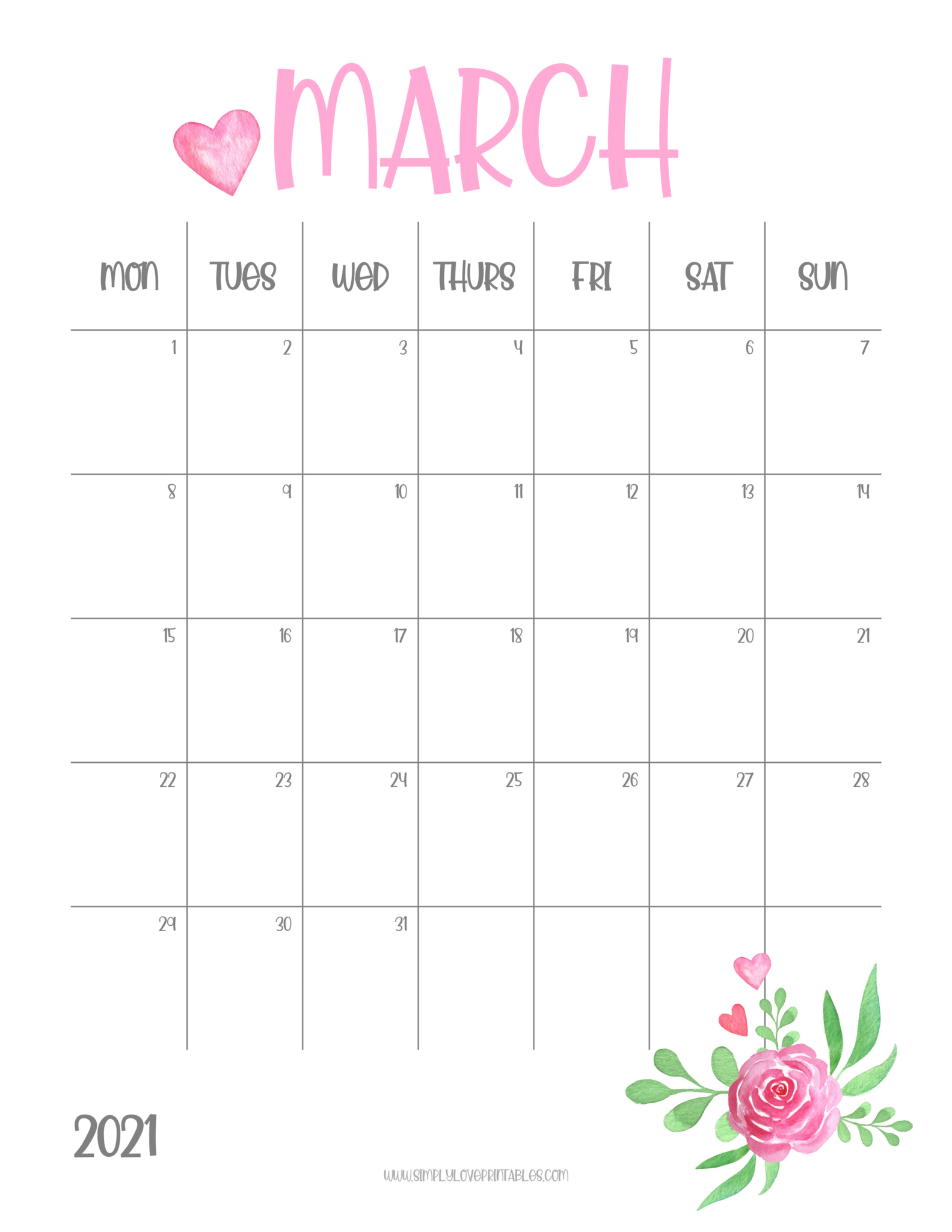 Free Printable 2021 Pink Floral Monthly Calendars - Simply Love Printables