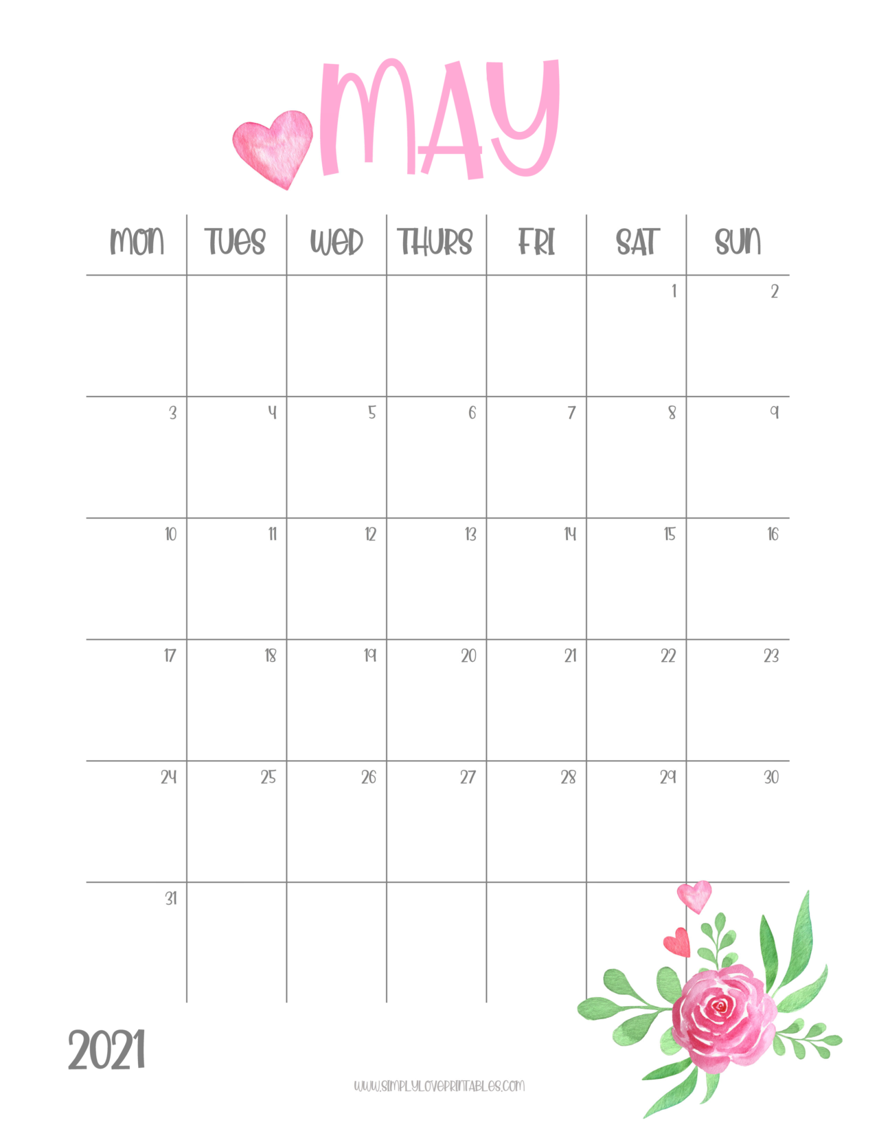 Free Printable 2021 Pink Floral Monthly Calendars - Simply Love Printables