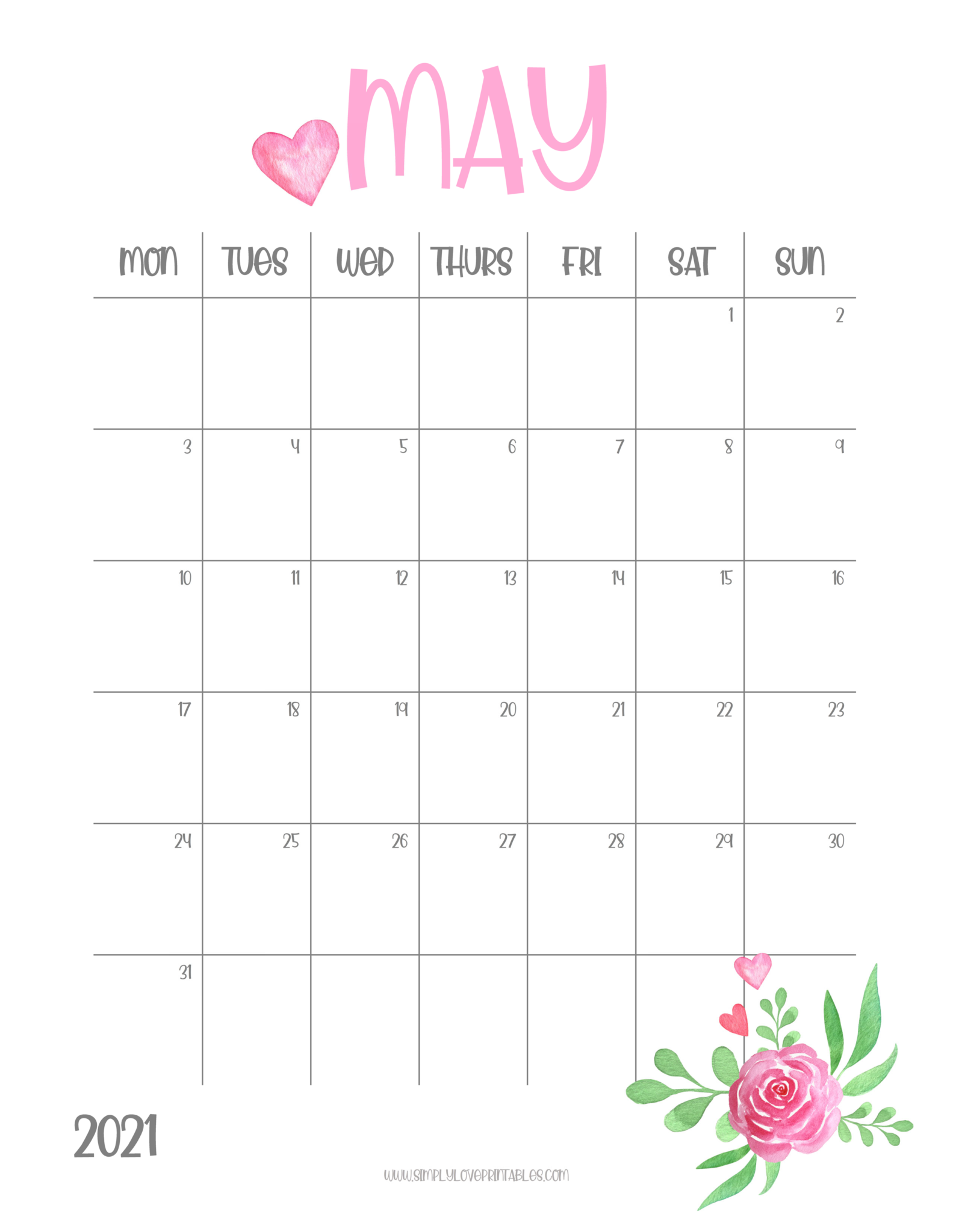 Free Printable 2021 Pink Floral Monthly Calendars - Simply Love Printables
