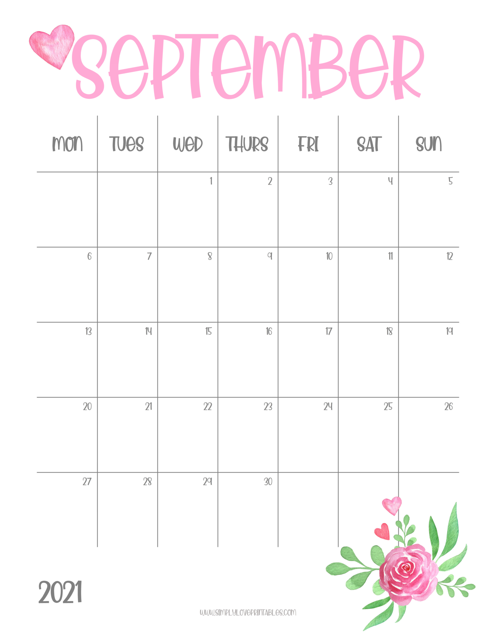 Free Printable 2021 Pink Floral Monthly Calendars - Simply Love Printables