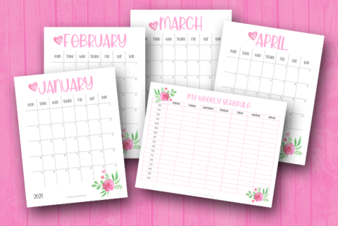 Free Printable 2021 Pink Floral Monthly Calendars - Simply Love Printables