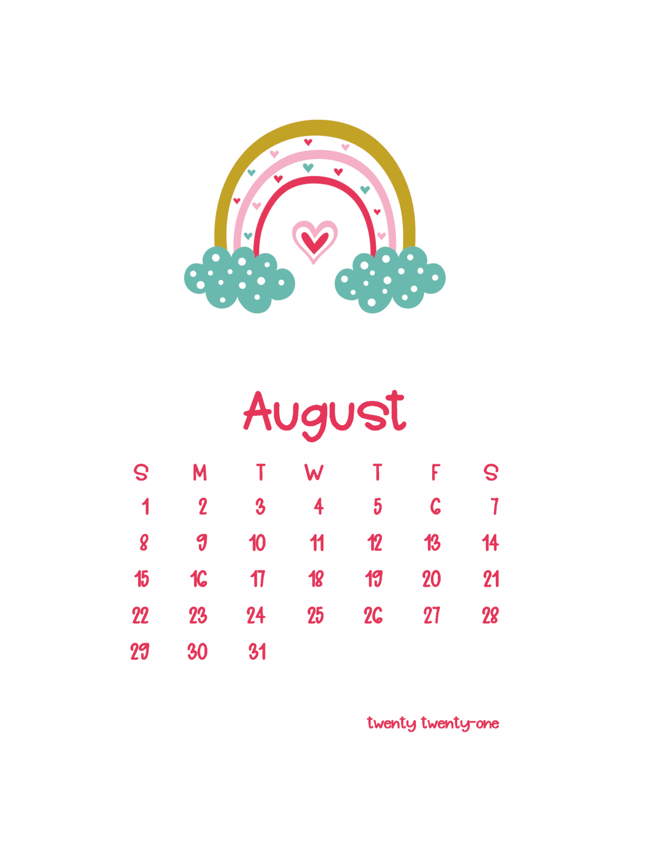 Free Printable 2021 Rainbow Calendar - Simply Love Printables