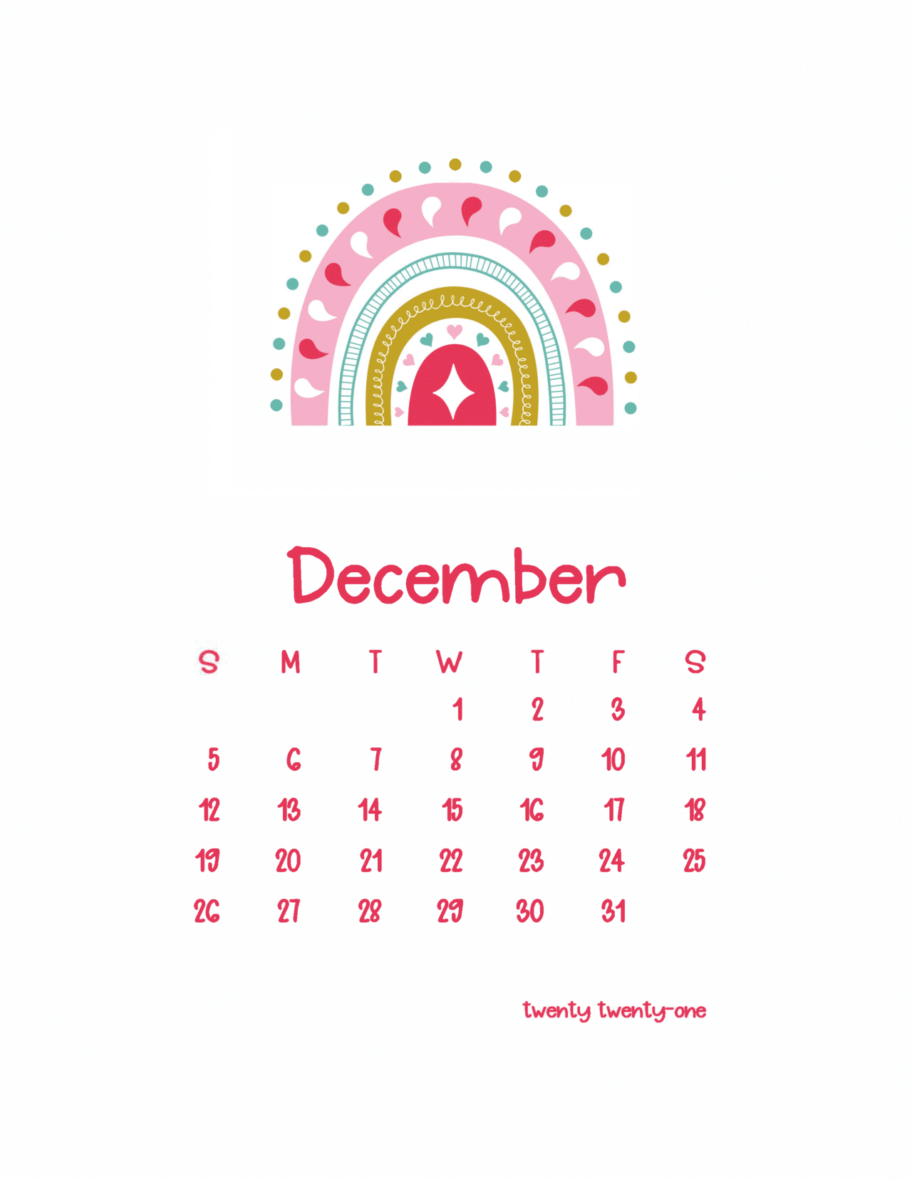 Free Printable 2021 Rainbow Calendar - Simply Love Printables