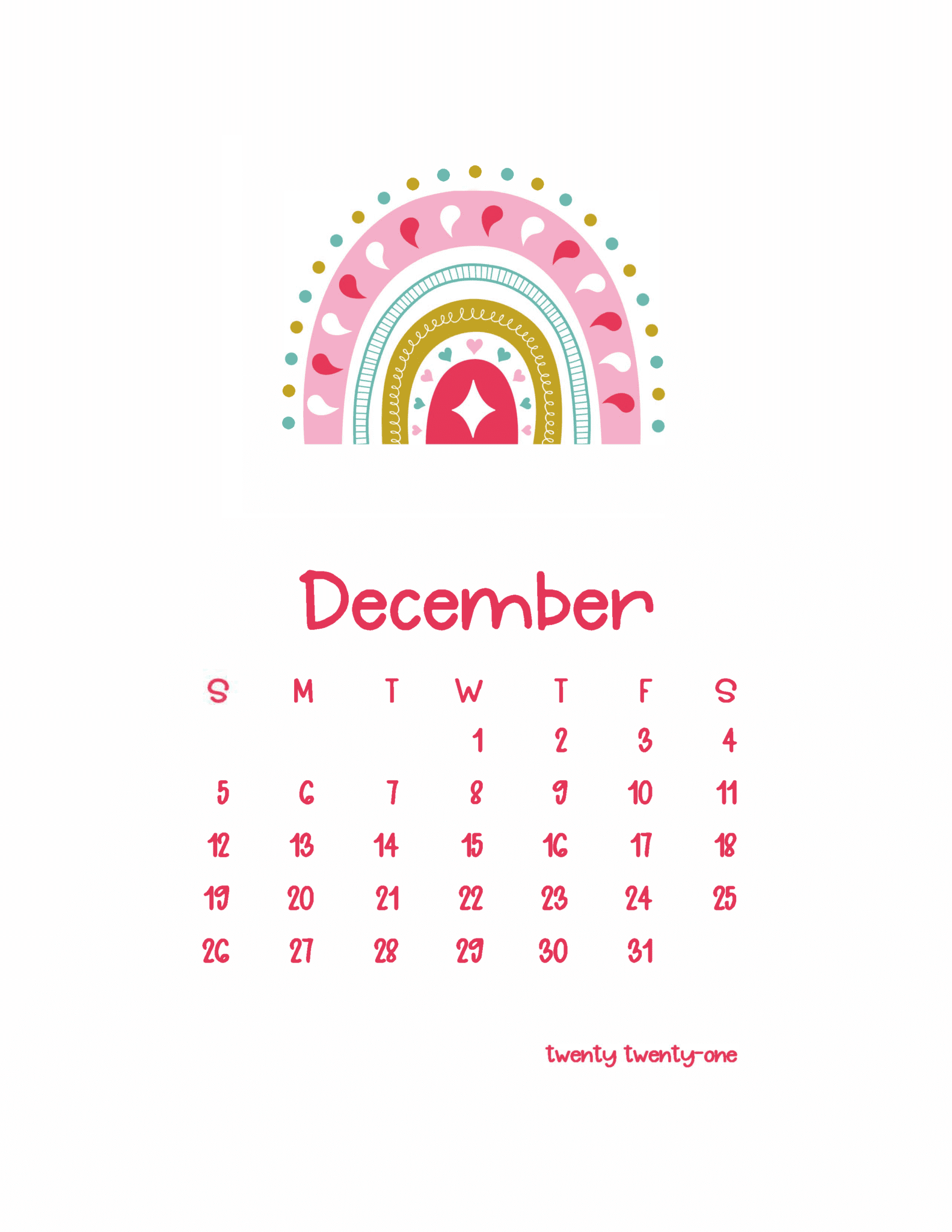 Free Printable 2021 Rainbow Calendar - Simply Love Printables