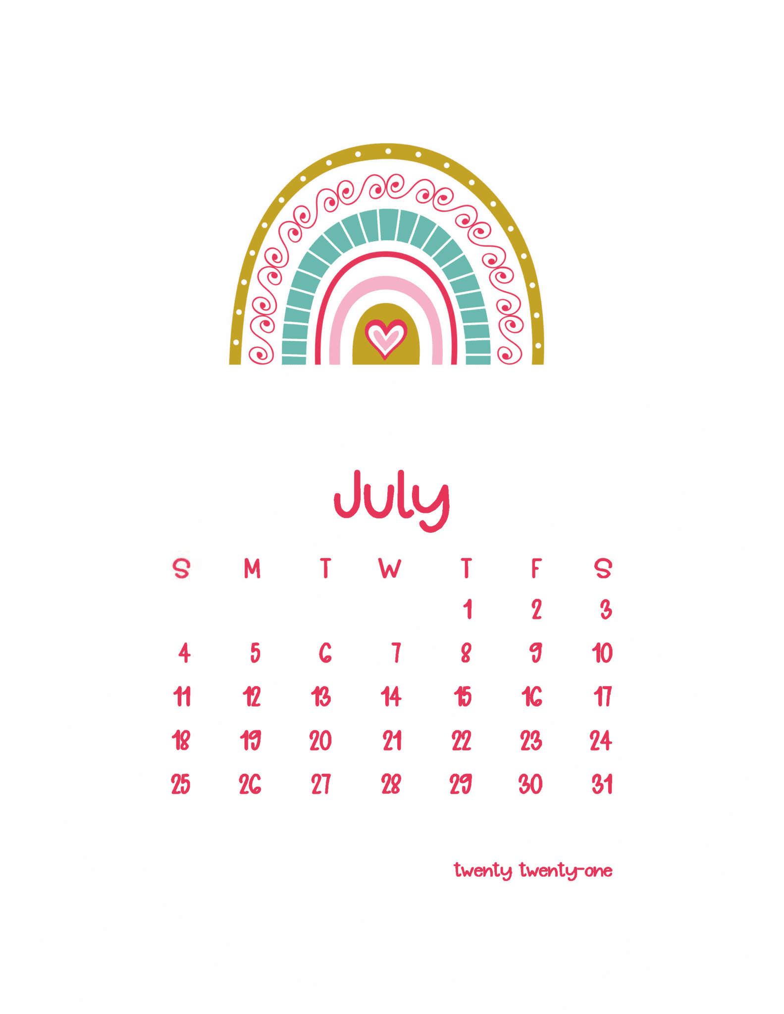 Free Printable 2021 Rainbow Calendar - Simply Love Printables