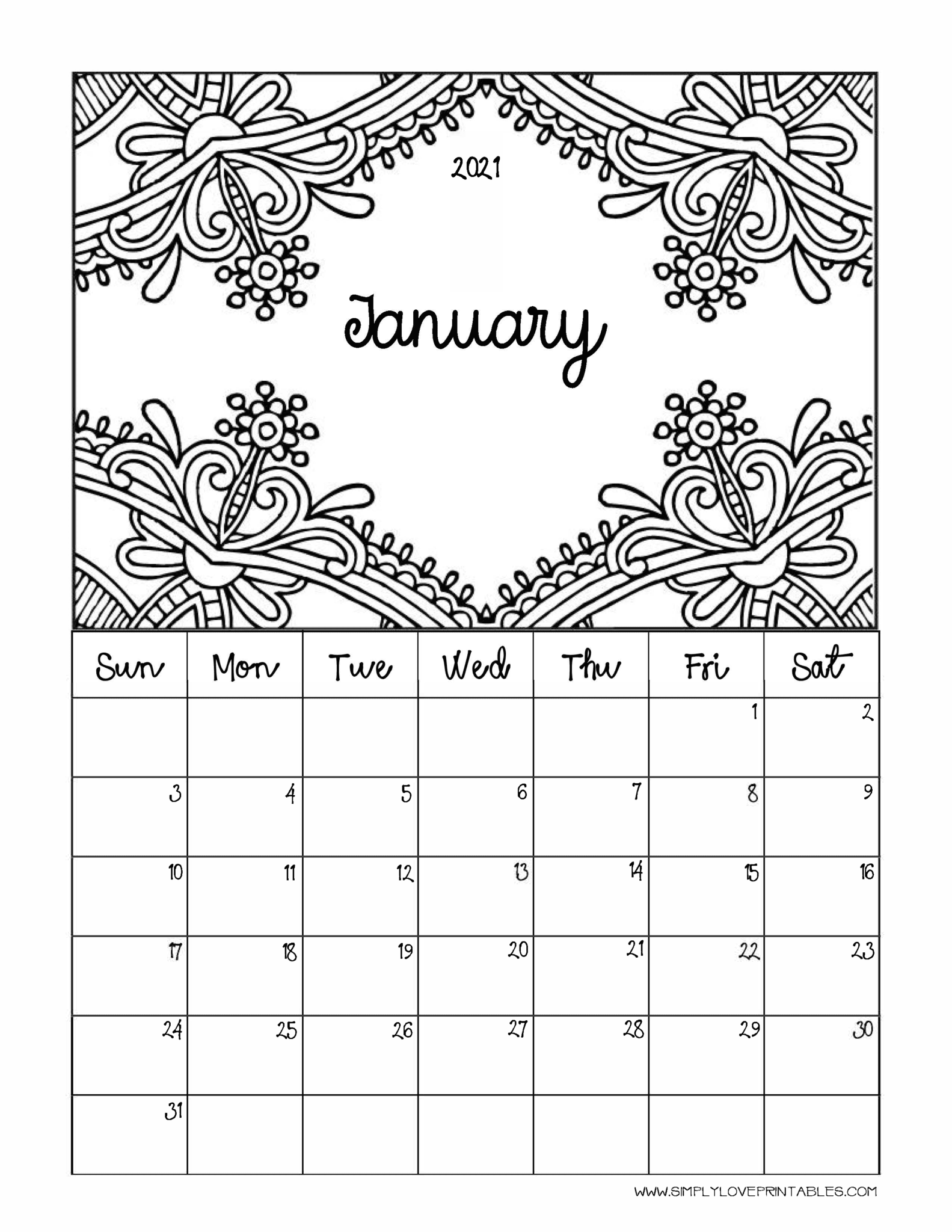 Free Printable Coloring Calendar 2021 - Simply Love Printables