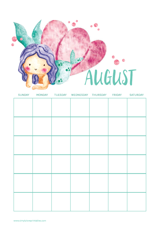 Free Printable Cute Mermaid Calendar