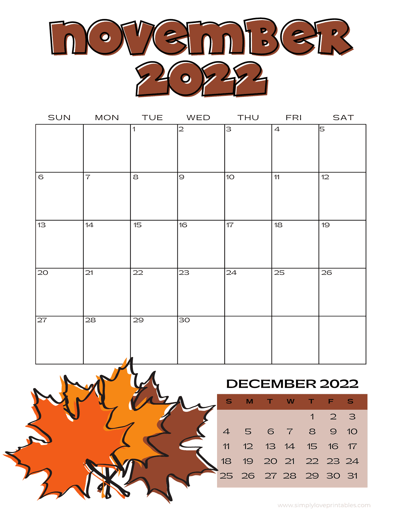 Free printable November 2022 Calendars | Simply Love Printables