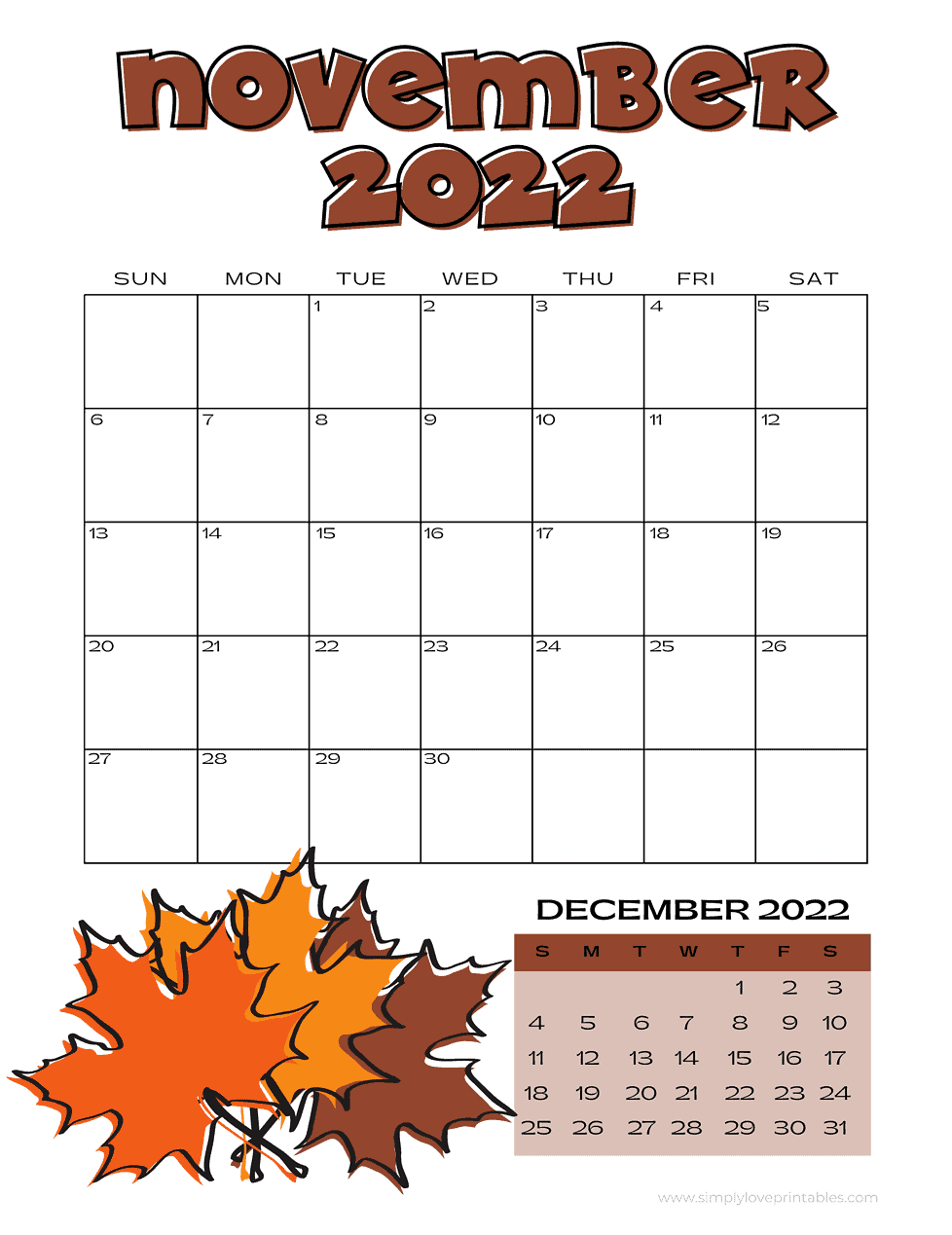 Free printable November 2022 Calendars | Simply Love Printables