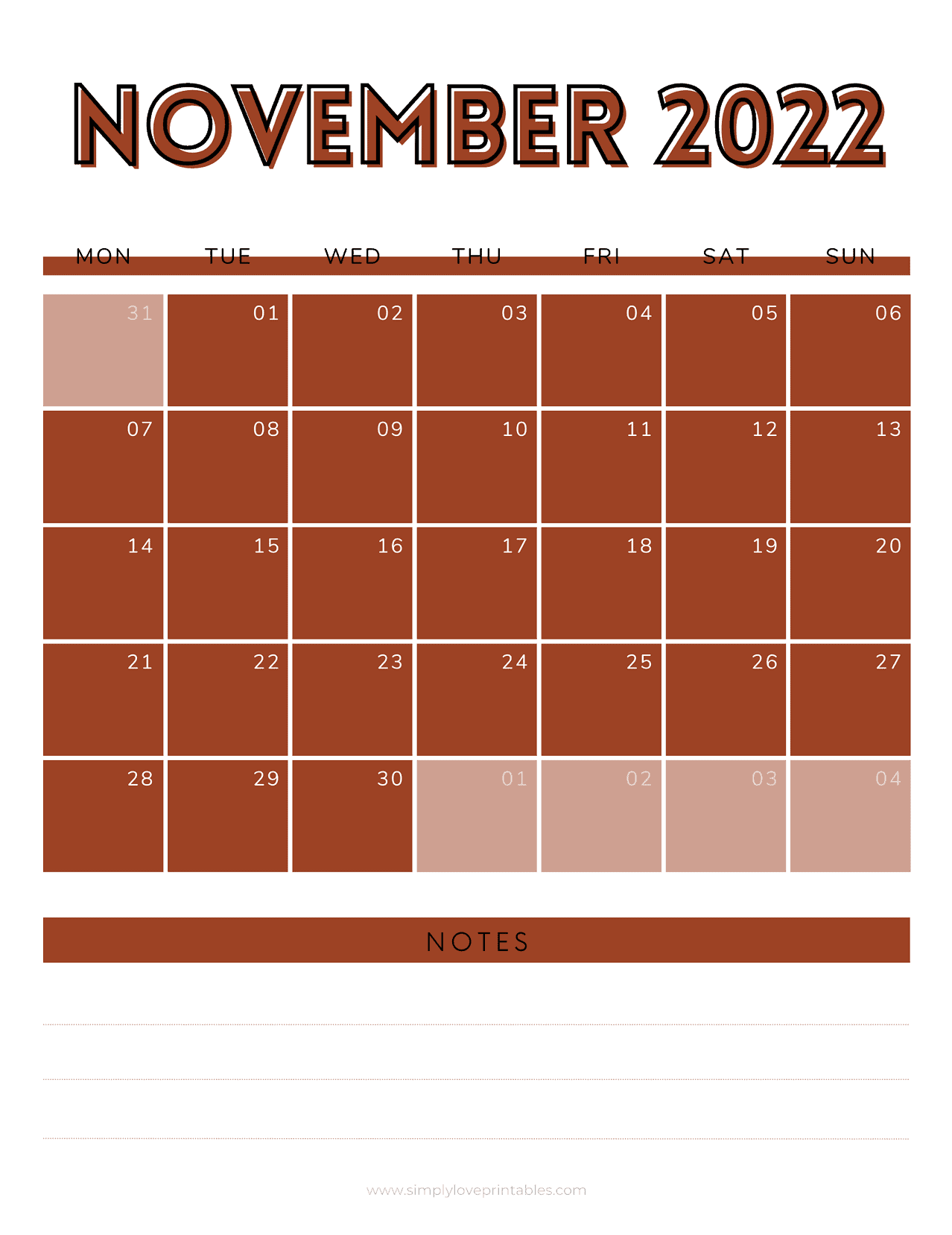 Free printable November 2022 Calendars | Simply Love Printables
