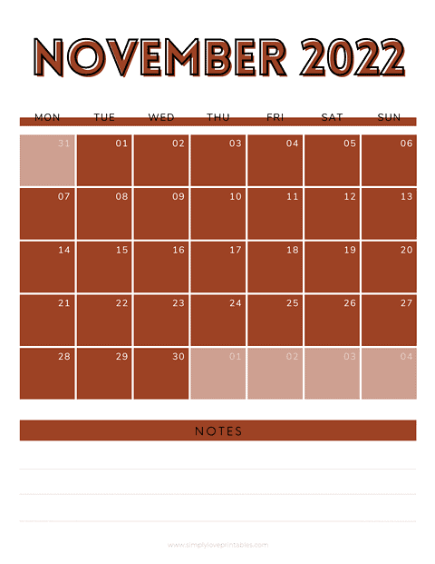 Free printable November 2022 Calendars | Simply Love Printables