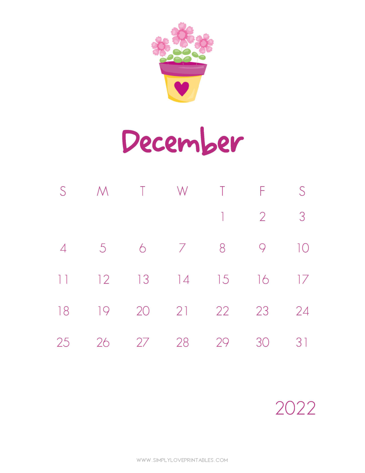 Free Printable December 2022 Calendars | Simply Love Printables