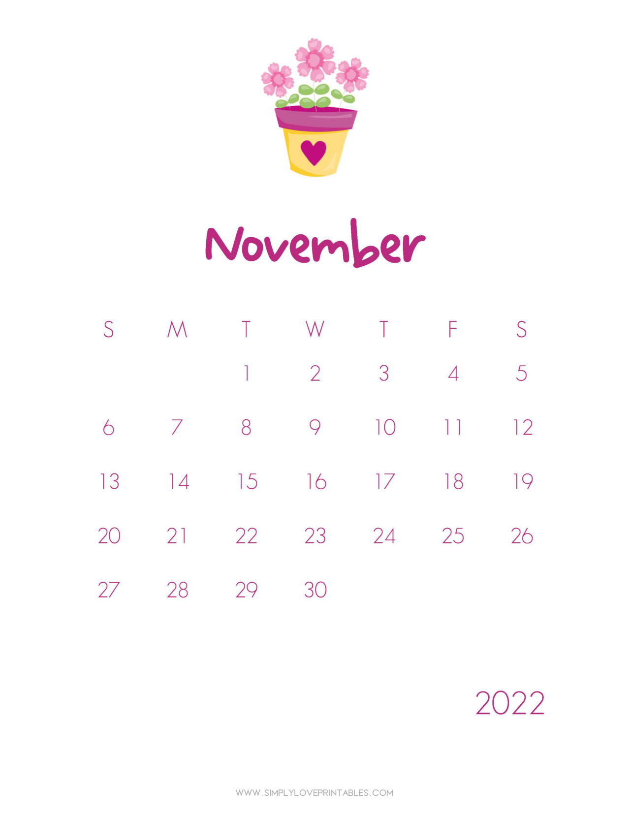 Free printable November 2022 Calendars | Simply Love Printables