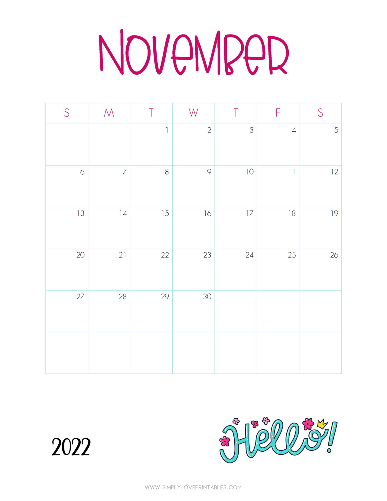 Free printable November 2022 Calendars | Simply Love Printables