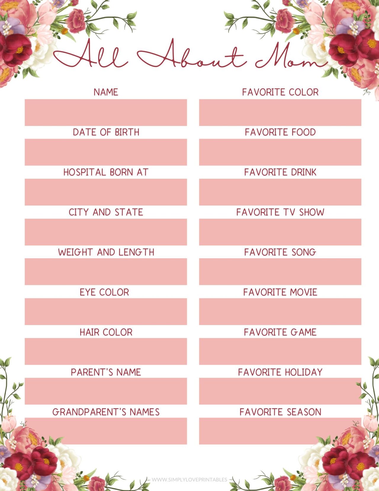 Free Happy Mother's Day Questionnaire | Simply Love Printables
